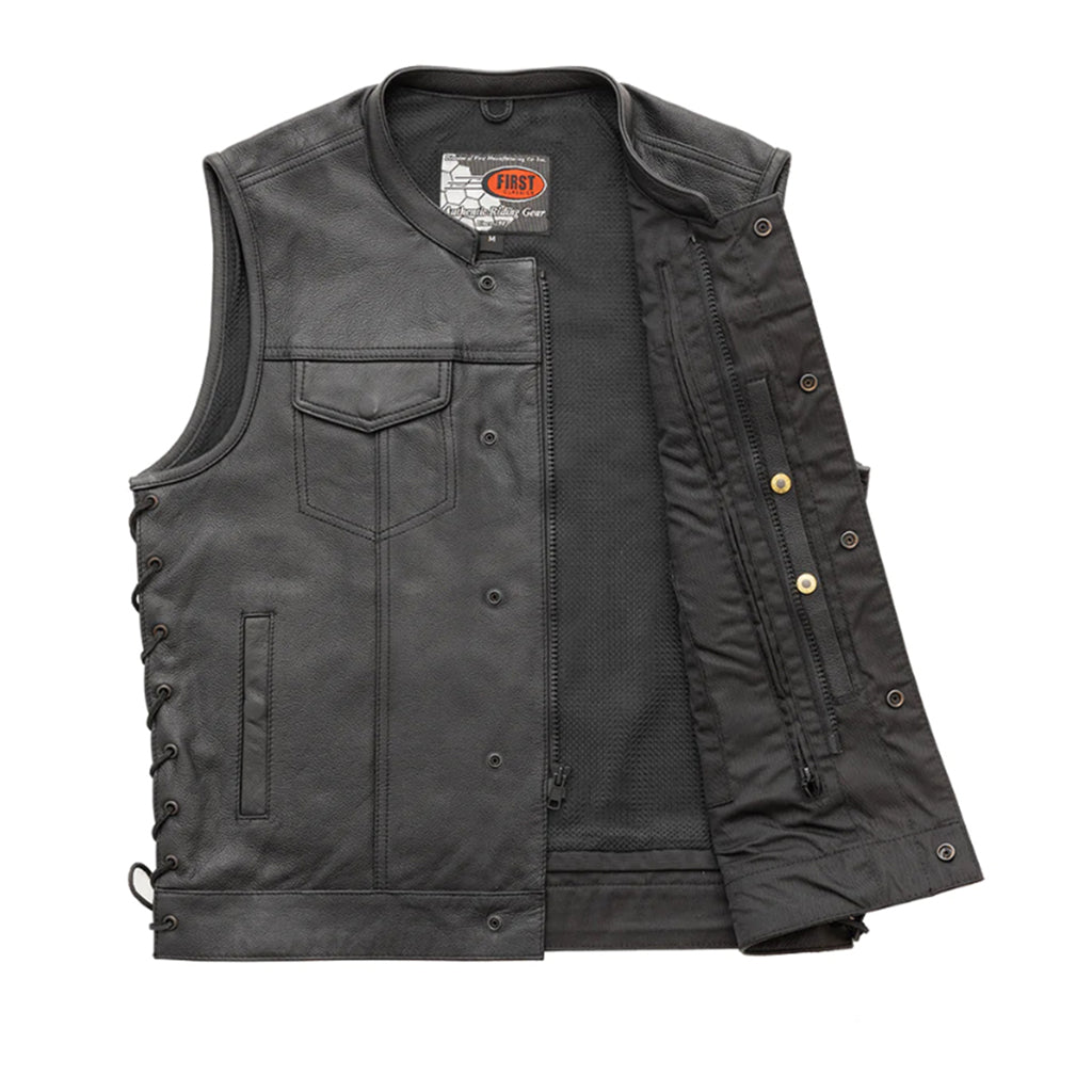V685 MENS LEATHER MOTORCYCLE CLUB VEST WITH MANDARIN COLLAR & SIDE ...